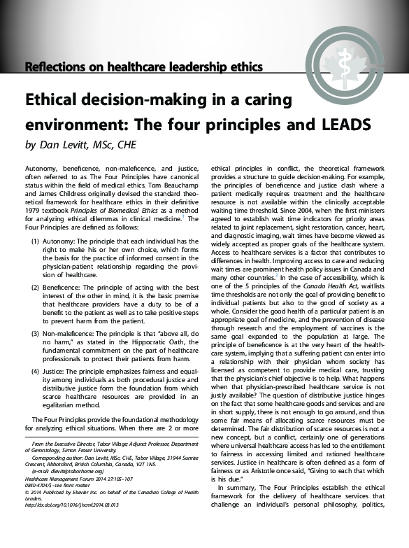 (PDF) Ethical Decision-Making in a Caring Environment: The Four ...