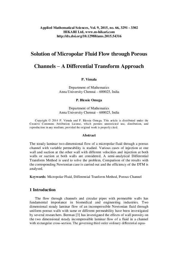 (PDF) Solution of micropolar fluid flow through porous channels - a differential transform approach