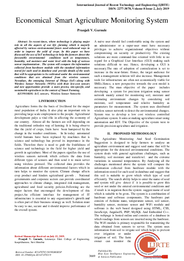Pdf Economical Smart Agriculture Monitoring System