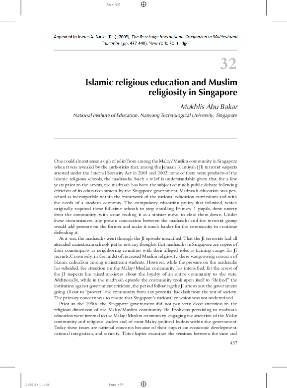 (PDF) Islamic religious education and Muslim religiosity in Singapore