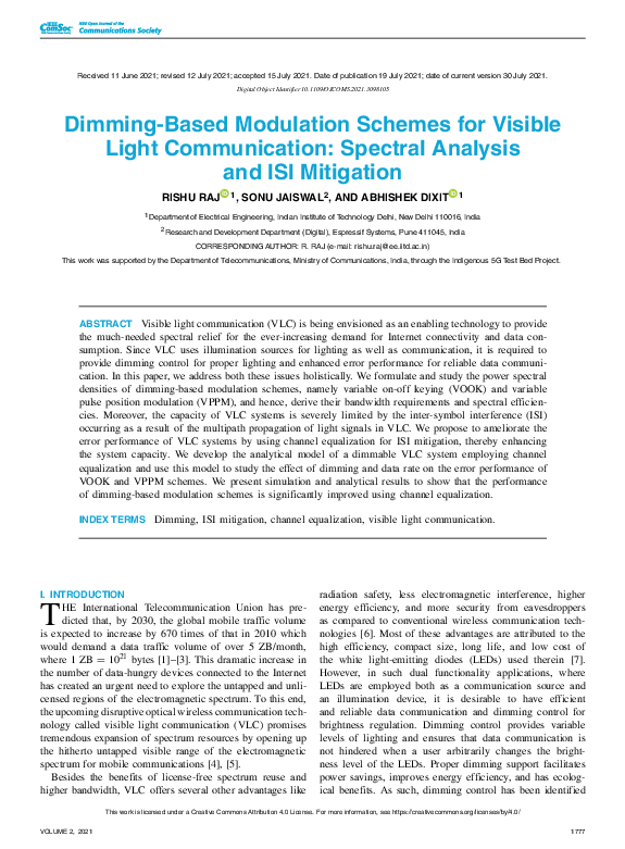 Pdf Dimming Based Modulation Schemes For Visible Light Communication