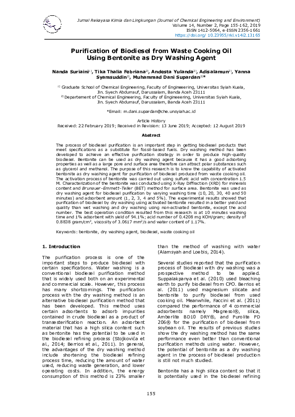 (PDF) Purification of Biodiesel from Waste Cooking Oil Using Bentonite ...