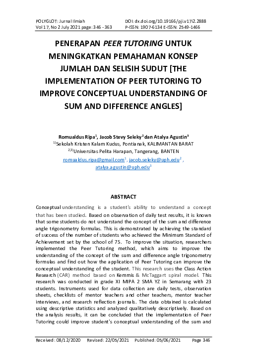 (PDF) Penerapan Peer Tutoring Untuk Meningkatkan Pemahaman Konsep Jumlah Dan Selisih Sudut [The ...