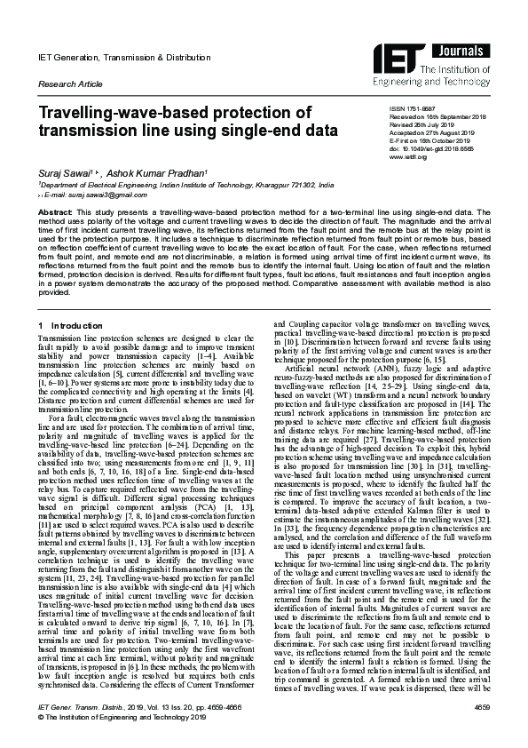 (PDF) Travelling‐wave‐based protection of transmission line using ...