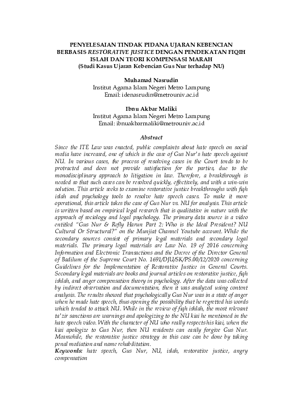 (PDF) PENYELESAIAN TINDAK PIDANA UJARAN KEBENCIAN BERBASIS RESTORATIVE JUSTICE DENGAN PENDEKATAN ...