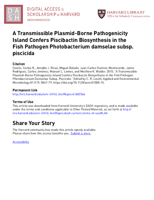 (PDF) A Transmissible Plasmid-Borne Pathogenicity Island Confers ...