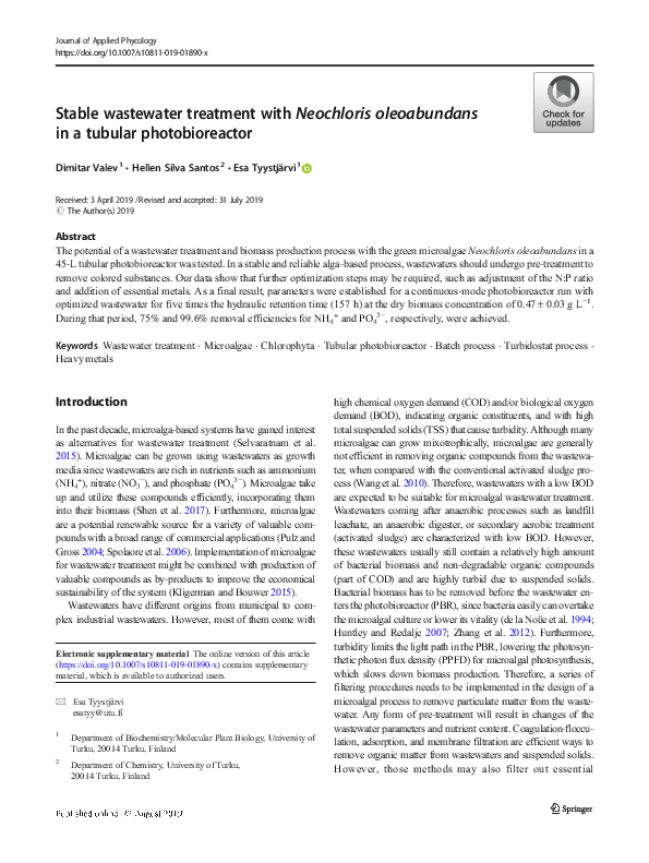 (PDF) Stable wastewater treatment with Neochloris oleoabundans in a ...