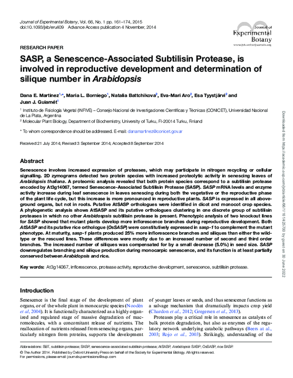 (PDF) SASP, a Senescence-Associated Subtilisin Protease, is involved in reproductive development ...