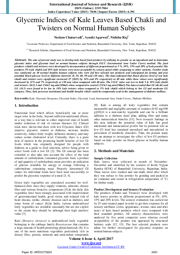(PDF) Glycemic Indices of Kale Leaves Based Chakli and Twisters on ...
