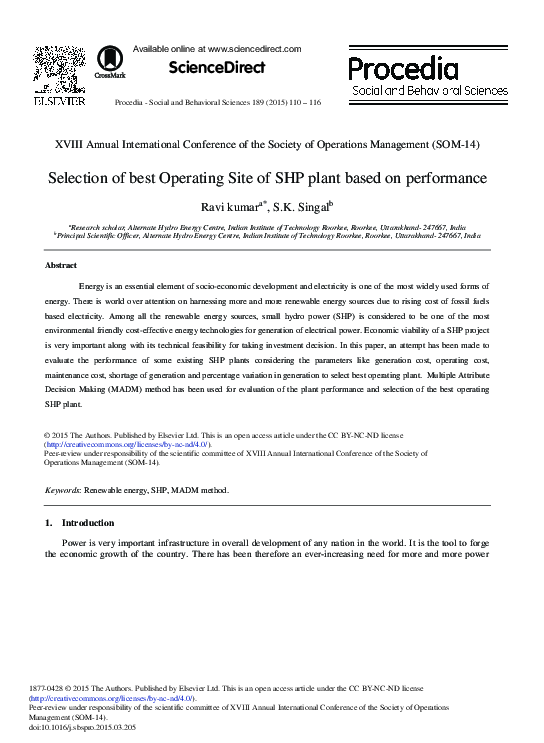 (PDF) Selection of Best Operating Site of SHP Plant based on Performance