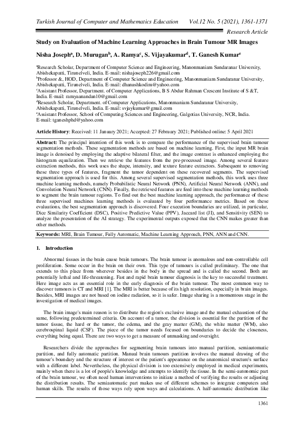 (PDF) Study on Evaluation of Machine Learning Approaches in Brain ...