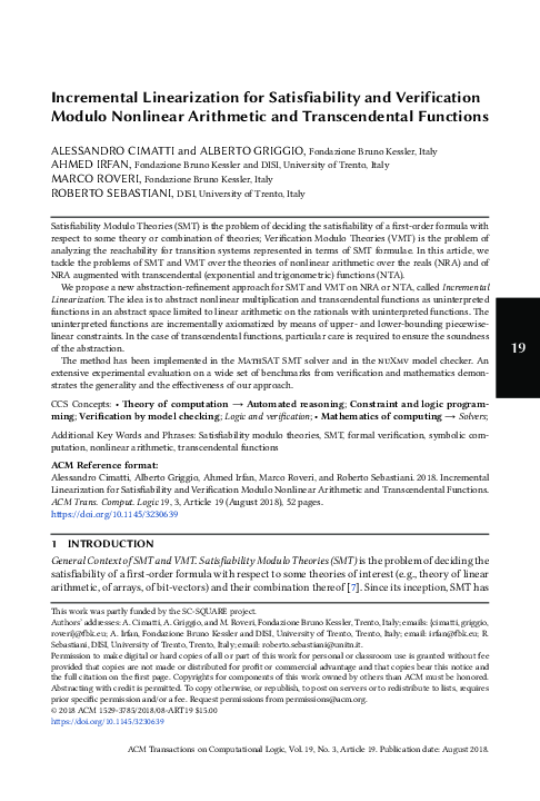 Pdf Incremental Linearization For Satisfiability And Verification Modulo Nonlinear Arithmetic