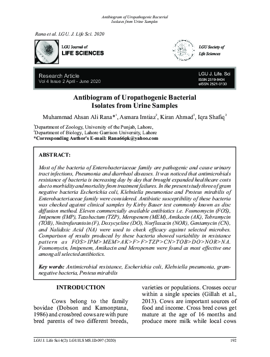 (PDF) Antibiogram of Uropathogenic Bacterial Isolates from Urine Samples