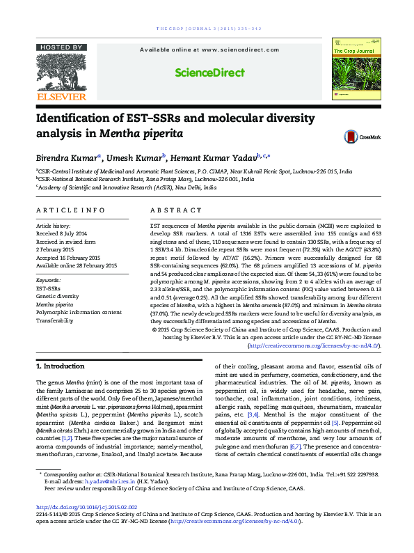 (PDF) Identification of EST-SSRs and molecular diversity analysis in Mentha piperita