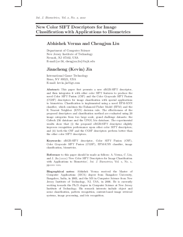 Pdf New Colour Sift Descriptors For Image Classification With Applications To Biometrics