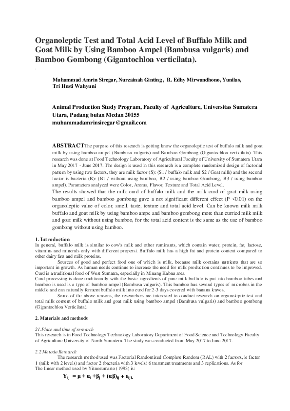 (PDF) Organoleptic Test and Total Acid Level of Buffalo Milk and Goat ...