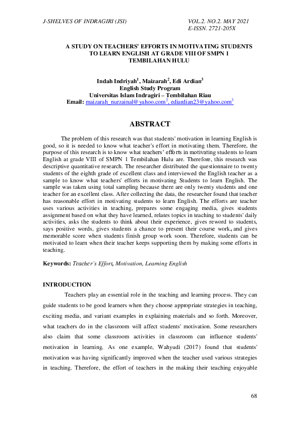 (PDF) A Study on Teachers' Efforts in Motivating Students to Learn ...