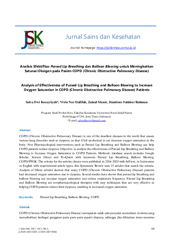 (PDF) Analisis Efektifitas Pursed Lip Breathing dan Balloon Blowing untuk Meningkatkan Saturasi ...