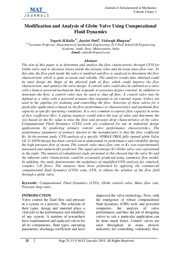 (PDF) Modification and Analysis of Globe Valve Using Computational Fluid Dynamics