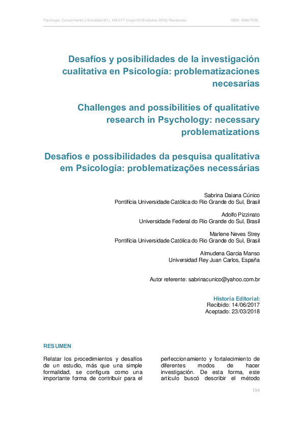 (PDF) Desafíos y posibilidades de la investigación cualitativa en Psicología: problematizaciones ...