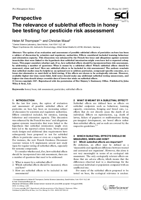 (PDF) The relevance of sublethal effects in honey bee testing for ...
