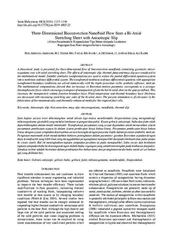 Pdf Three Dimensional Bioconvection Nanofluid Flow From A Bi Axial