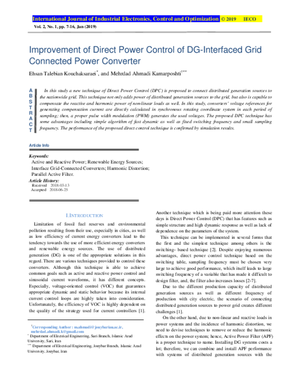 (PDF) Improvement of Direct Power Control of DG-Interfaced Grid Connected Power Converter