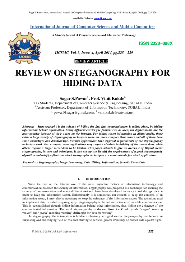 (PDF) Review on Steganography for Hiding Data