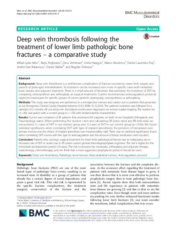 (PDF) Deep vein thrombosis following the treatment of lower limb pathologic bone fractures - a ...