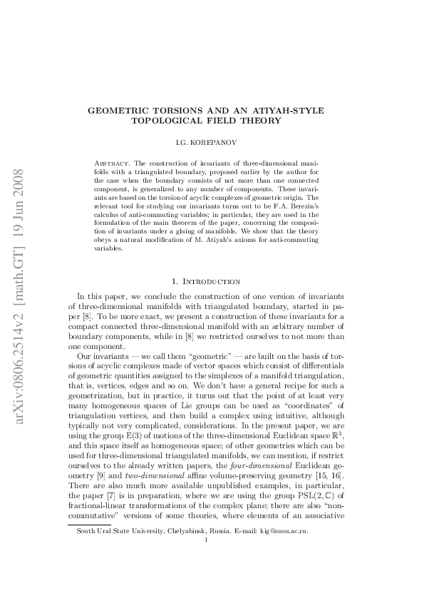 (PDF) Geometric torsions and an Atiyah-style topological field theory | Igor Korepanov ...