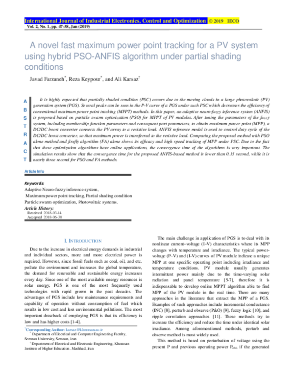 Pdf A Novel Fast Maximum Power Point Tracking For A Pv System Using Hybrid Pso Anfis Algorithm