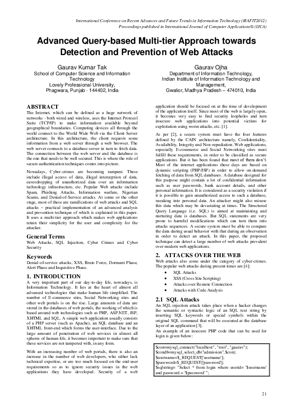 Pdf Advanced Query Based Multi Tier Approach Towards Detection And Prevention Of Web Attacks