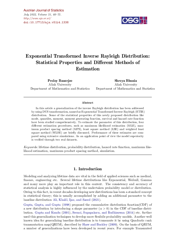 Pdf Exponential Transformed Inverse Rayleigh Distribution Statistical Properties And
