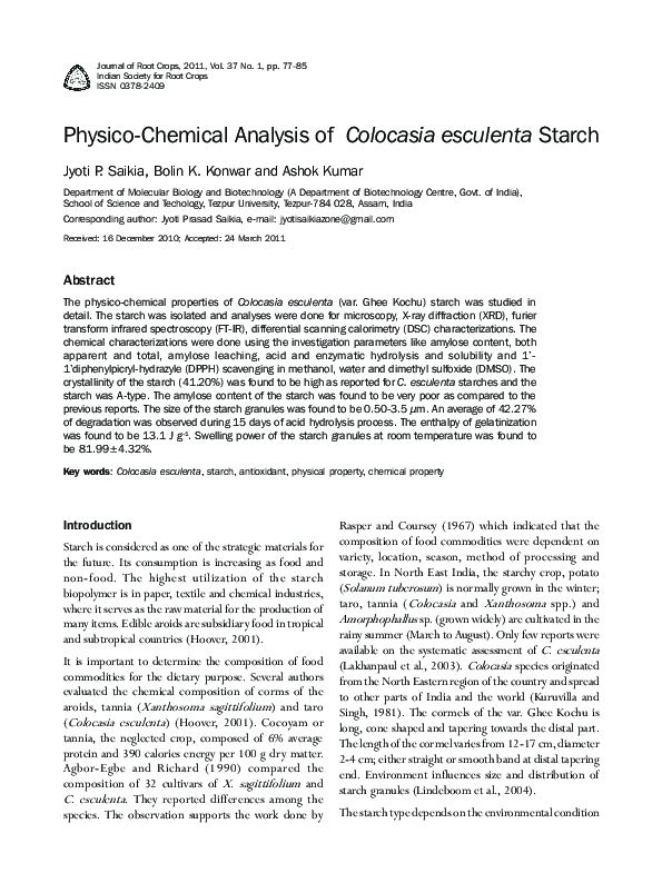 (PDF) Physico-Chemical Analysis of Colocasia esculenta Starch