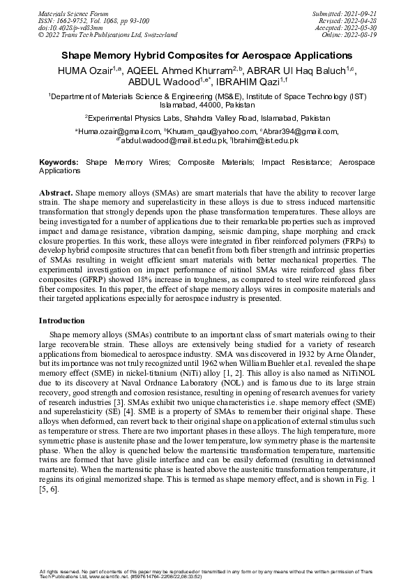 Pdf Shape Memory Hybrid Composites For Aerospace Applications