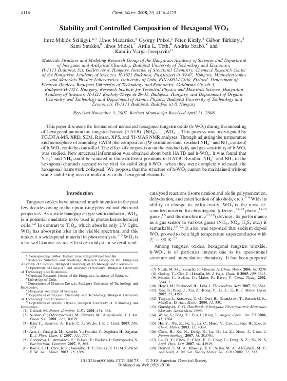 (PDF) Stability and Controlled Composition of Hexagonal WO3