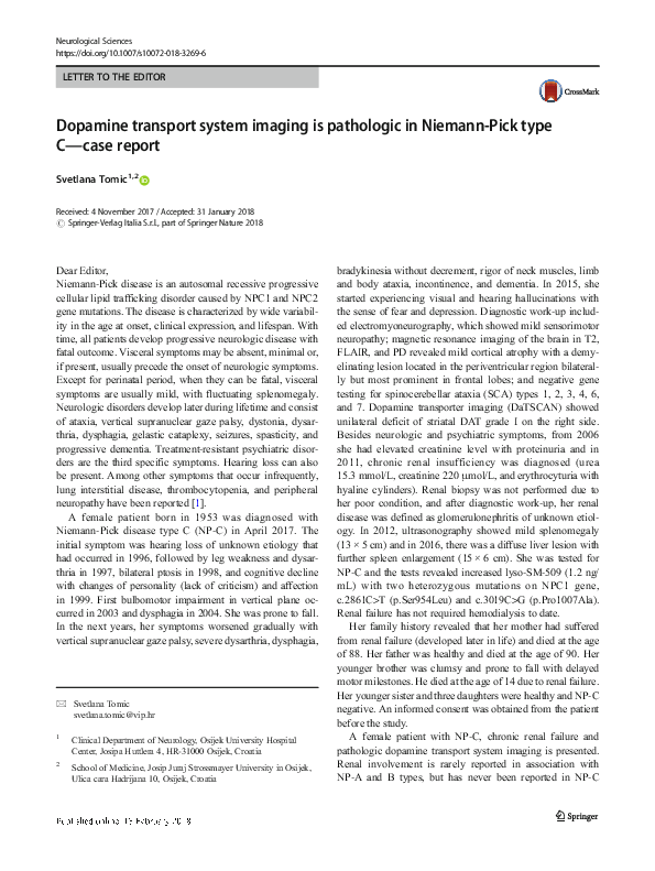 (PDF) Dopamine transport system imaging is pathologic in Niemann-Pick ...
