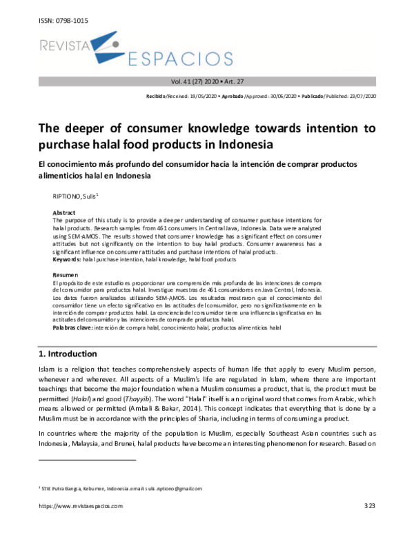 (PDF) The deeper of consumer knowledge towards intention to purchase halal food products in ...