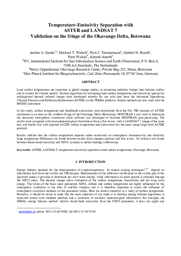 (PDF) Temperature-Emissivity Separation with ASTER and LANDSAT 7 Validation on the fringe of the ...
