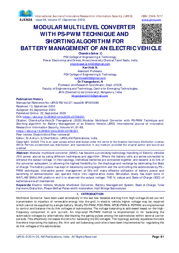 (PDF) Modular Multilevel Converter with PS-PWM Technique and Shorting Algorithm for Battery ...