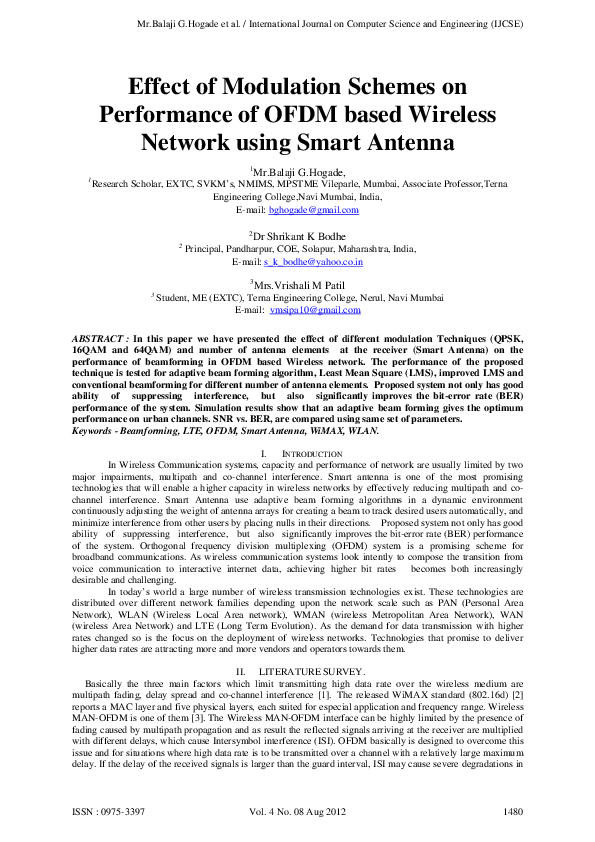 Pdf Effect Of Modulation Schemes On Performance Of Ofdm Based Wireless Network Using Smart