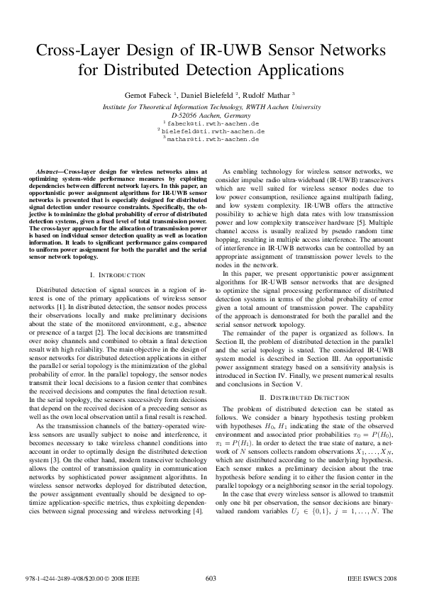 Pdf Cross Layer Design Of Ir Uwb Sensor Networks For Distributed Detection Applications R