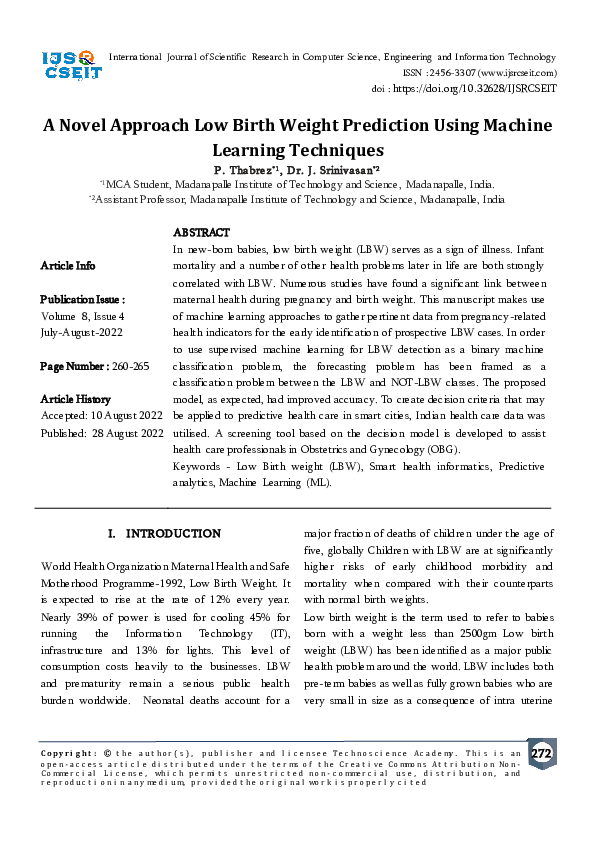 (PDF) A Novel Approach Low Birth Weight Prediction Using Machine ...