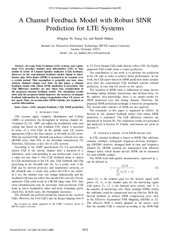 (PDF) Robust SINR Prediction in LTE Channel Feedback Models