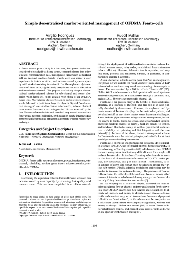 (PDF) Simple decentralised market-oriented management of OFDMA femto-cells