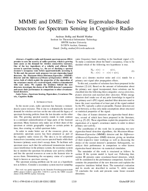 (PDF) MMME and DME: Two new eigenvalue-based detectors for spectrum sensing in cognitive radio