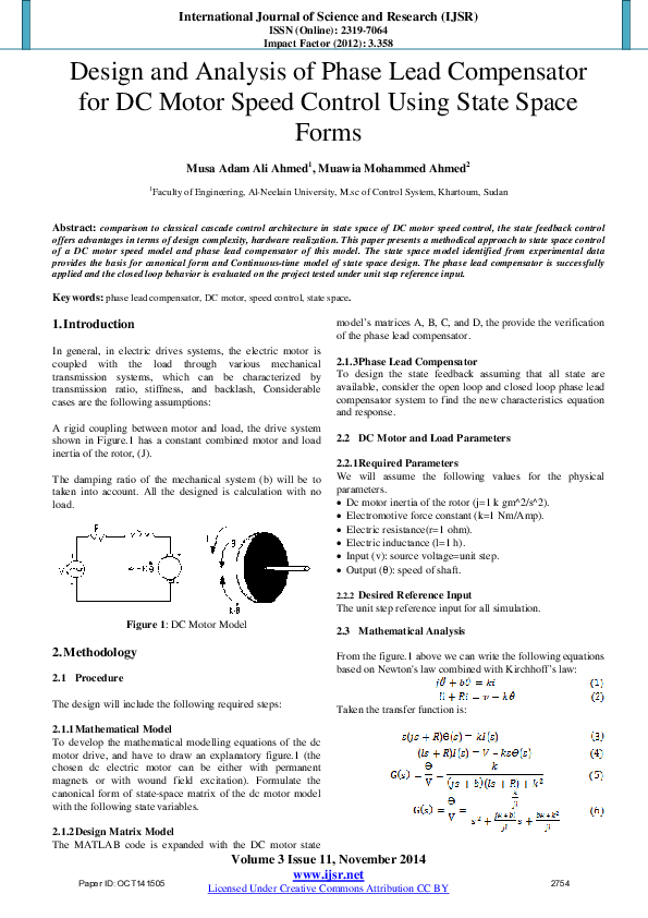 (PDF) Design and Analysis of Phase Lead Compensator for DC Motor Speed Control Using State Space ...