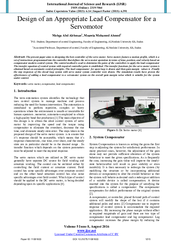 (PDF) Design of an Appropriate Lead Compensator for a Servomotor