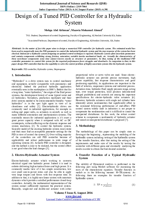 (PDF) Design of a Tuned PID Controller for a Hydraulic System