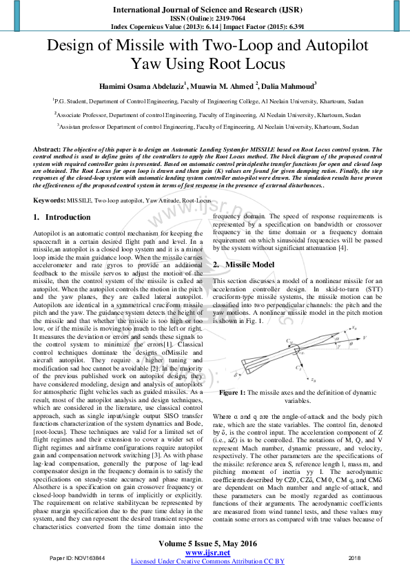 Pdf Design Of Missile With Two Loop And Autopilot Yaw Using Root Locus